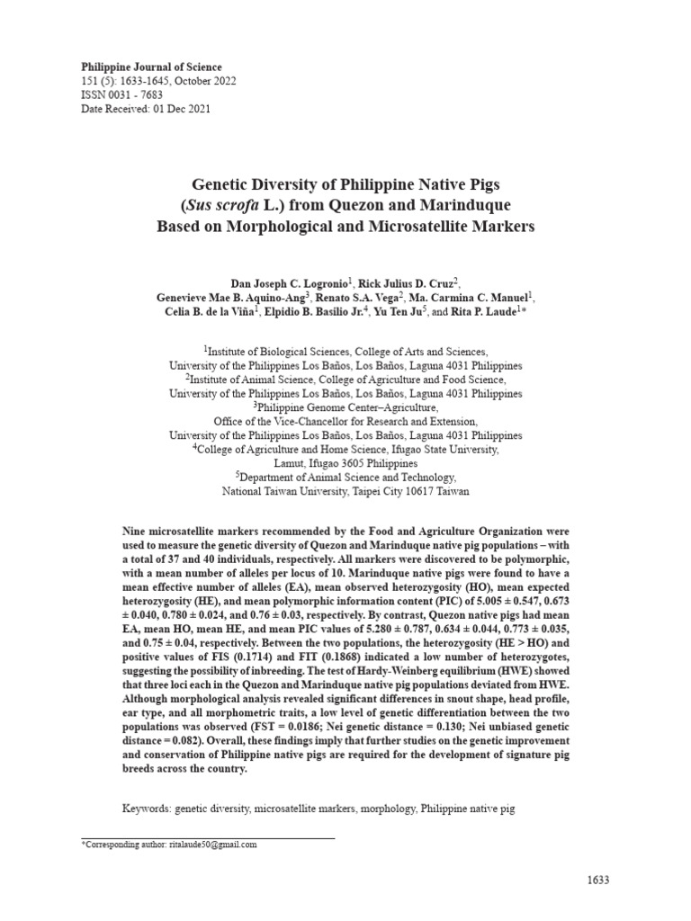 Genetic Diversity of Phil Native Pig From Quezon and Marinduque | PDF | Polymerase Chain ...