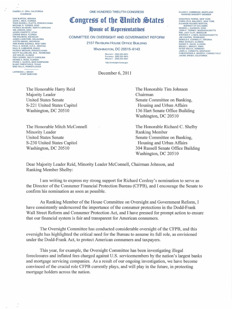 Congressional Letter in Support of Nomination of Richard Cordray Former ... Congressional Letter in Support of Nomination of Richard Cordray Former ...