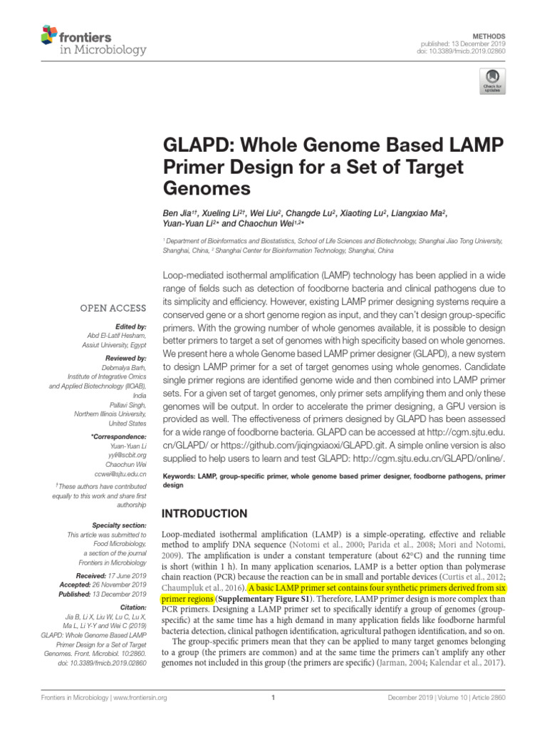2019 - Jia Et - Al - GLAPD Whole Genome Based LAMP Primer Design For A ...