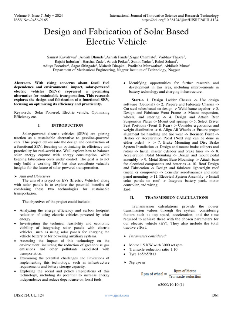 Solar-Powered Electric Vehicle Design | PDF | Electric Vehicle | Brake