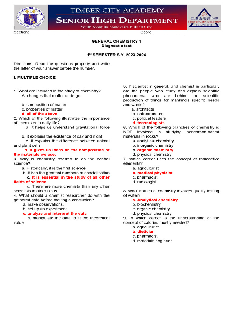 General Chemistry 1 Diagnostic Test | PDF | Chemist | Chemistry
