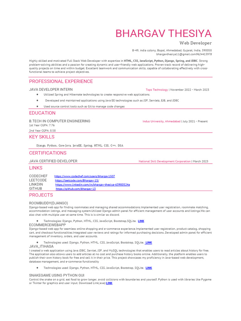 Bhargav Thesiya Resume | PDF | World Wide Web | Internet & Web
