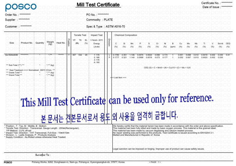 A516-70n Sample MTC | PDF | Heat Treating | Industrial Processes