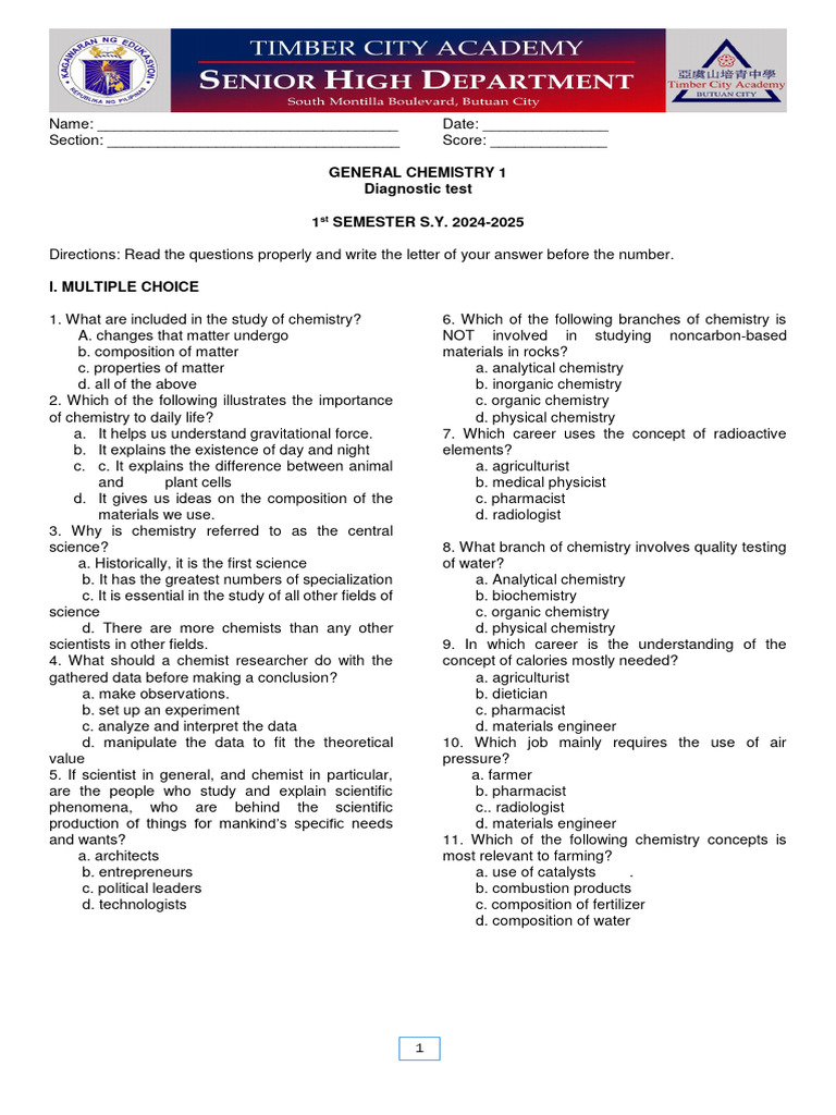 Final - PRETEST - CHEM 1 | PDF | Chemistry | Chemist