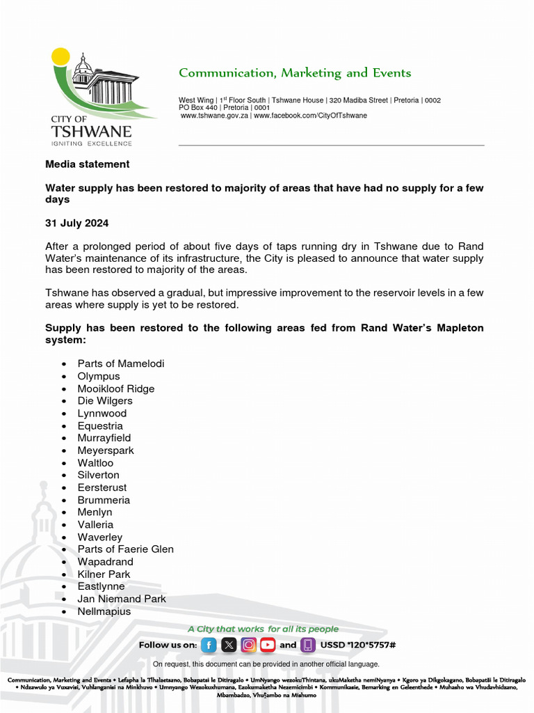 Water Supply Has Been Restored To Majority of Areas That Have Had No ...
