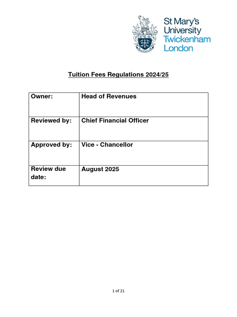 Tuition Fees Regulations 2024/25 | PDF | Postgraduate Education | Fee