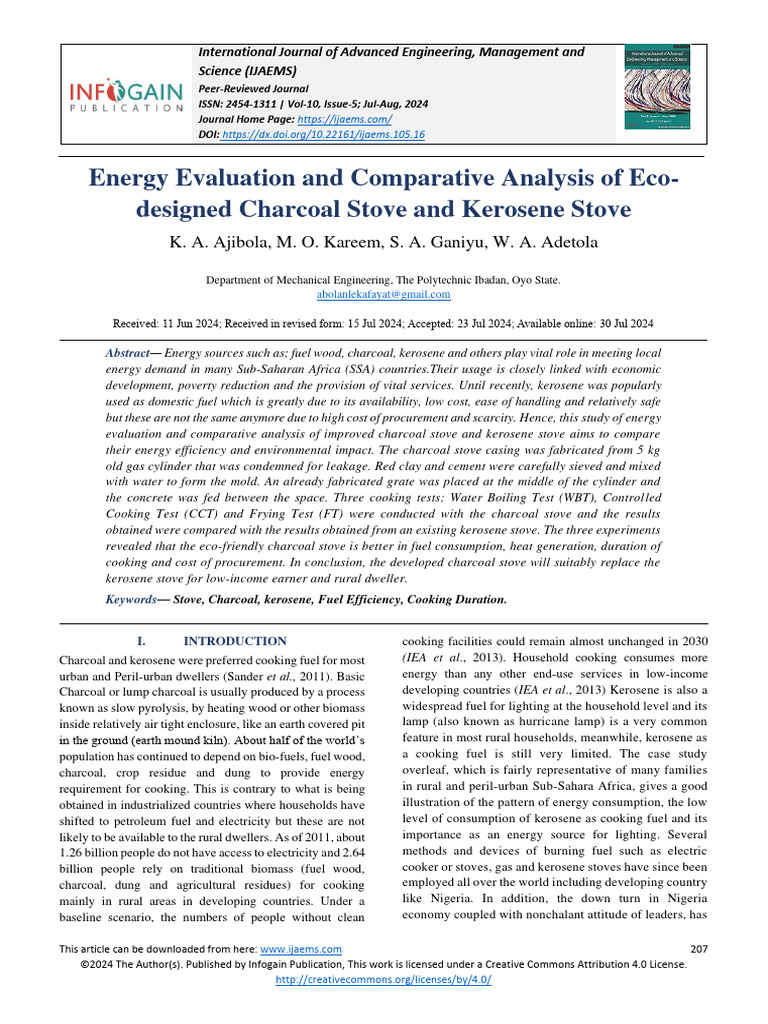 Energy Evaluation and Comparative Analysis of Eco-Designed Charcoal Stove and Kerosene Stove ...