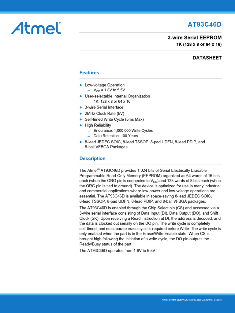 Atmel 5193 SEEPROM AT93C46D Datasheet | PDF | Computer Engineering ...
