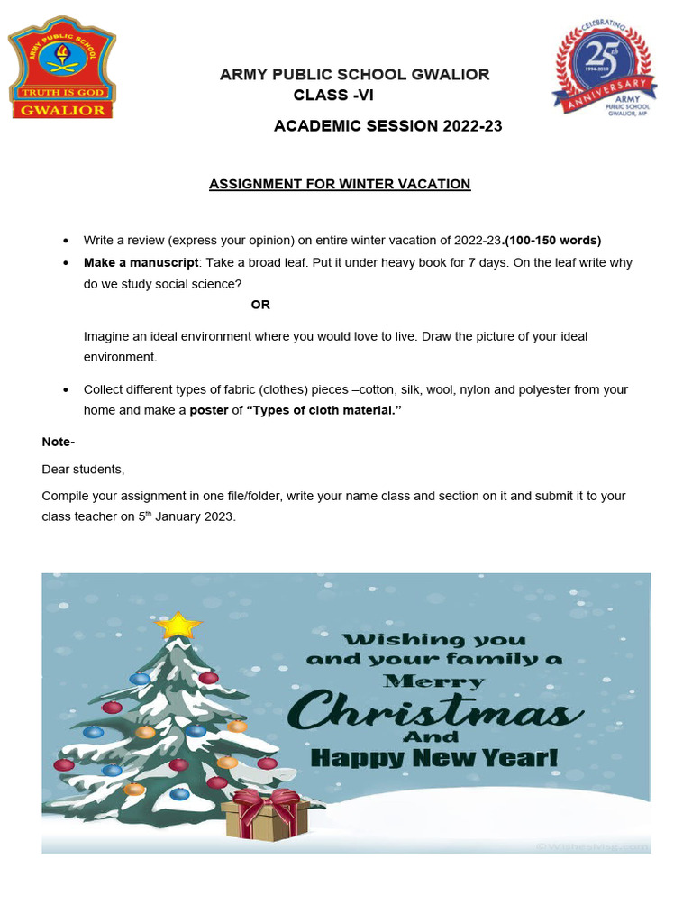 Winter Vacation Assignment for Class VI | PDF