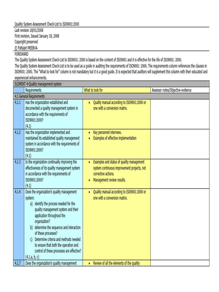 Quality System Assessment Checklist To ISO9001 - 2000 | PDF ...