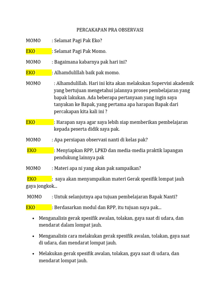 Percakapan Pra Observasi Dan Pasca Observasi | PDF | Seni & Disiplin Bahasa