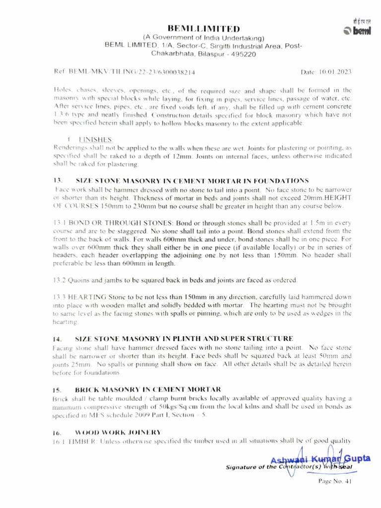 BEML Limited Construction Specifications | PDF | Masonry | Pipe (Fluid ...