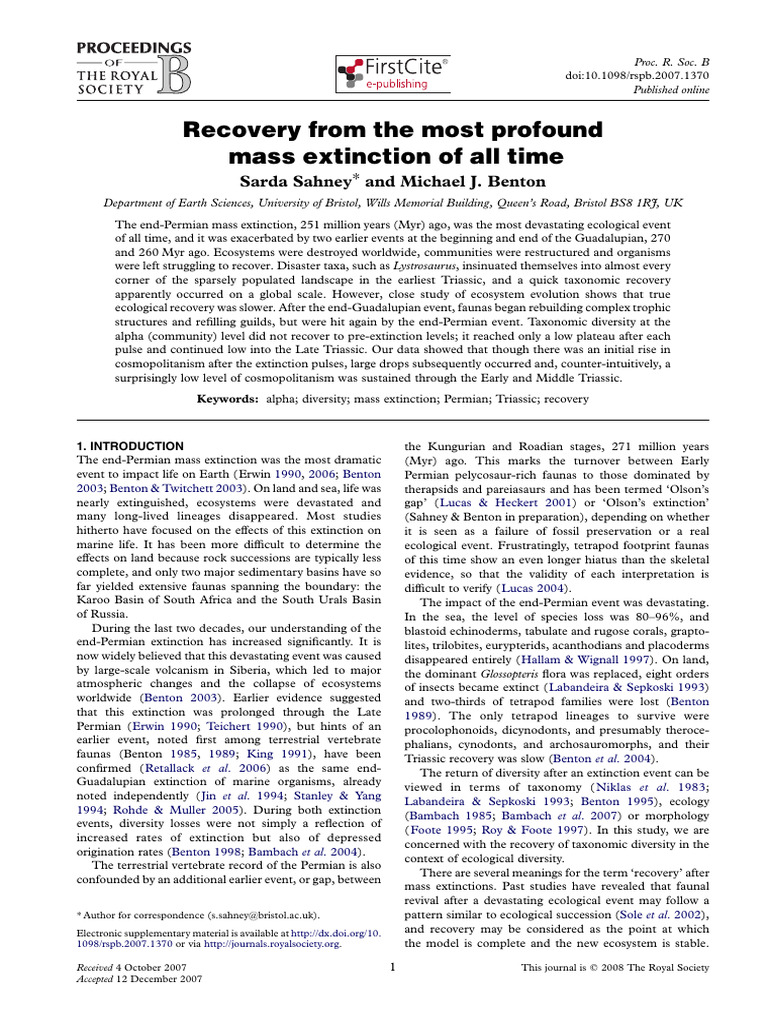 End-Permian Mass Extinction Recovery | PDF | Biodiversity | Earth Sciences