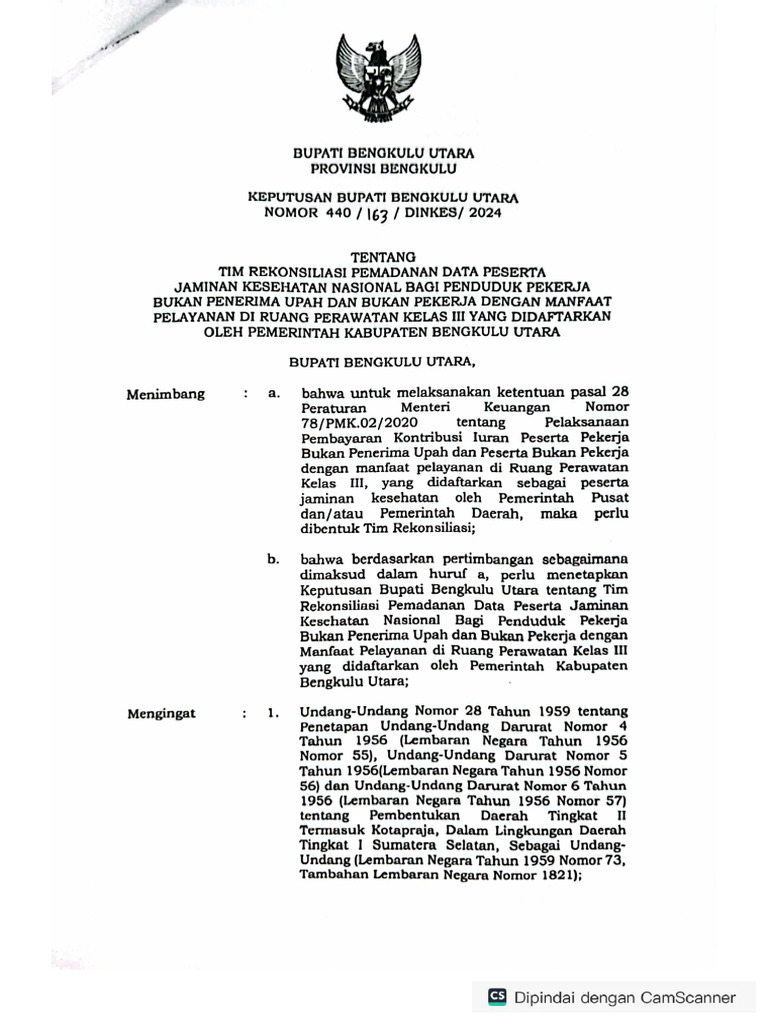 Keputusan Bupati BU Tim Rekonsiliasi Pemadanan Data JKN | PDF