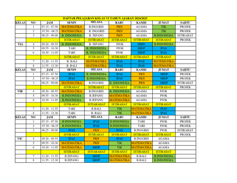 Jadwal Pelajaran Kelas Vi Ta 2024 2025... | PDF
