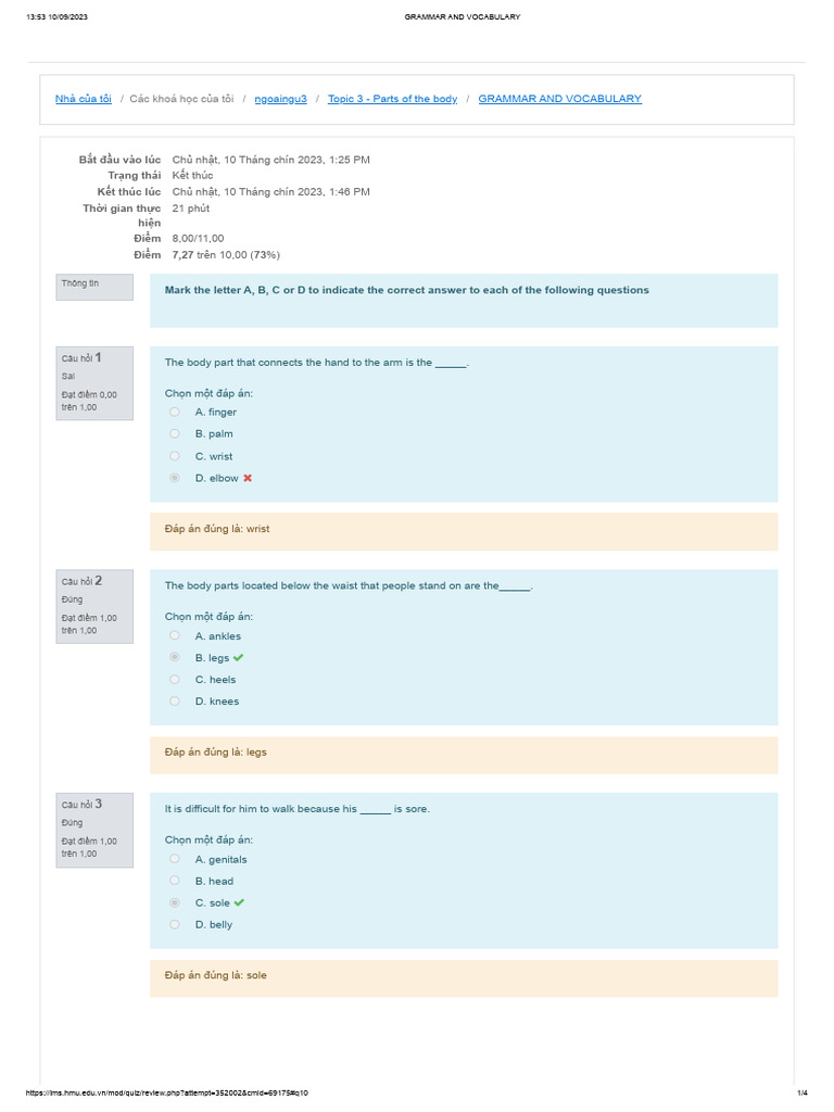 GRAMMAR AND VOCABULARY - Part of Body | PDF