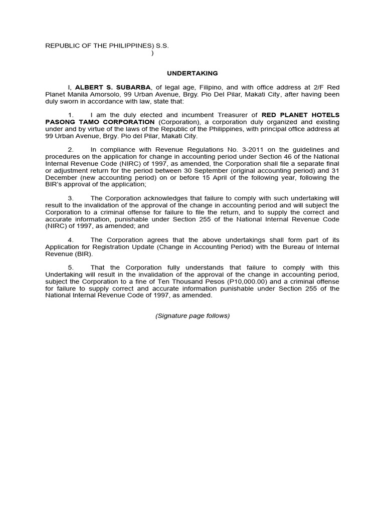 RP Pasong Tamo - Notarized Undertaking For Change of Accounting Period ...