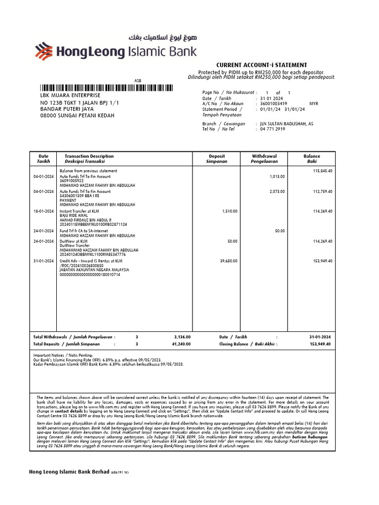 Hong Leong Current Account Statement | PDF | Banks | Cheque