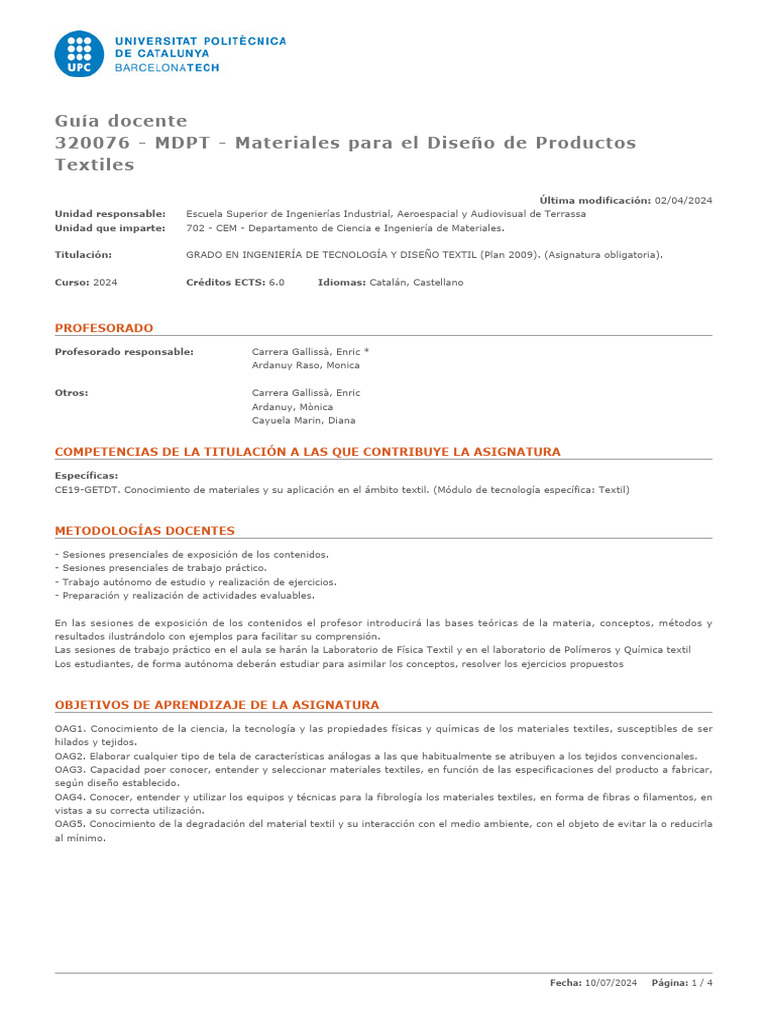 Guía Docente 320076 - MDPT - Materiales para El Diseño de Productos Textiles | PDF | Textiles ...