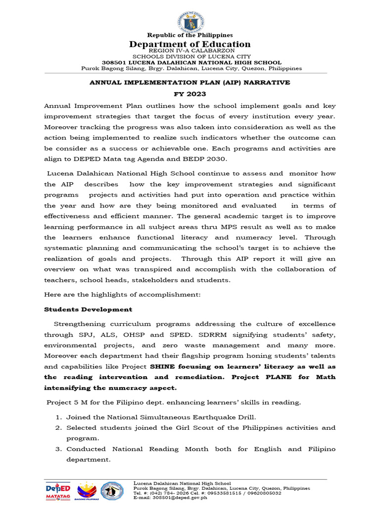 AIP 2023 Narrative Report | PDF | Learning