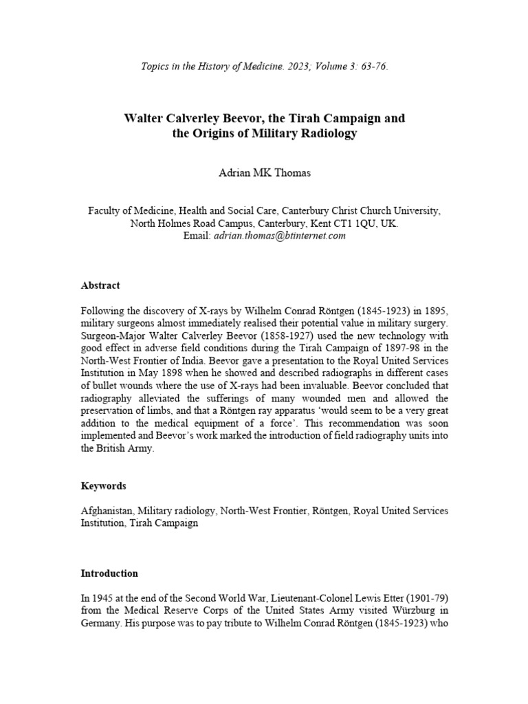 Walter Calverley Beevor THOMAS 2023 | PDF | Radiography | X Ray