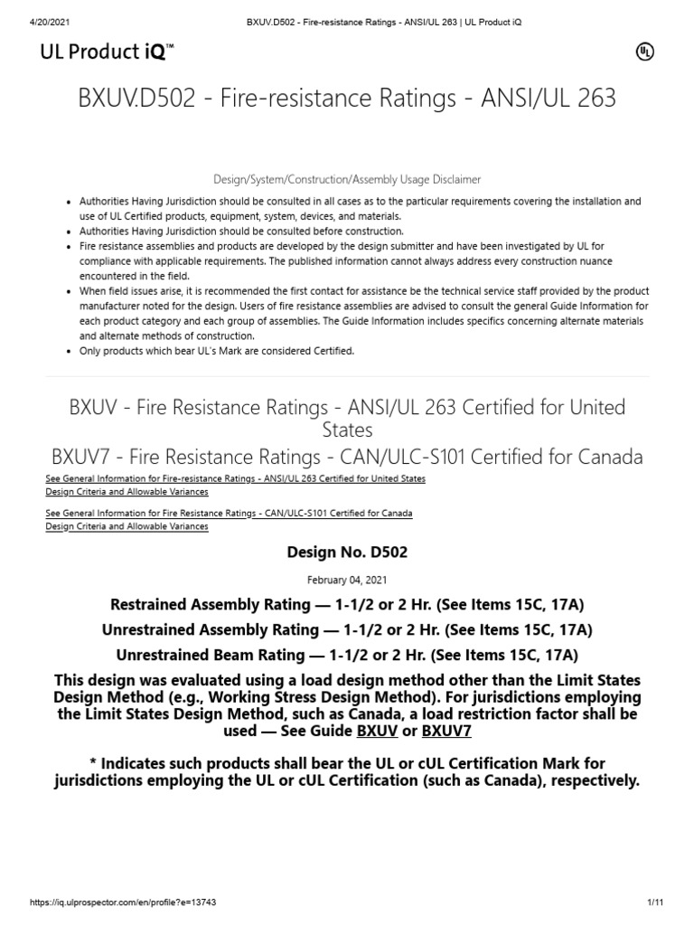 D502 - Fire-Resistance Ratings - ANSI - UL 263 - UL Product Iq | PDF ...