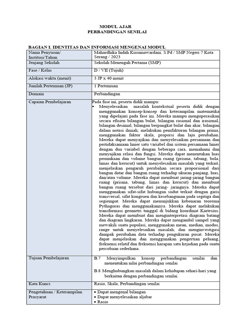 Modul Ajar Perbandingan Senilai Baru | PDF
