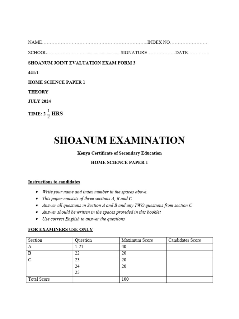 Shoanum Joint Evaluation Exam Form 3 | PDF | Teaching Methods ...