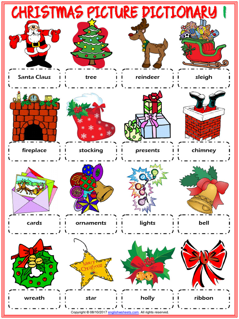 Christmas Vocabulary Esl Picture Dictionary Worksheets For Kids | PDF