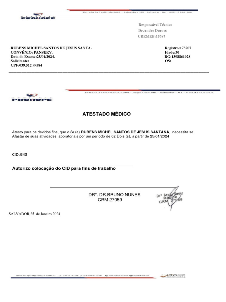 Atestado Médico com CID G43 - Salvador | PDF