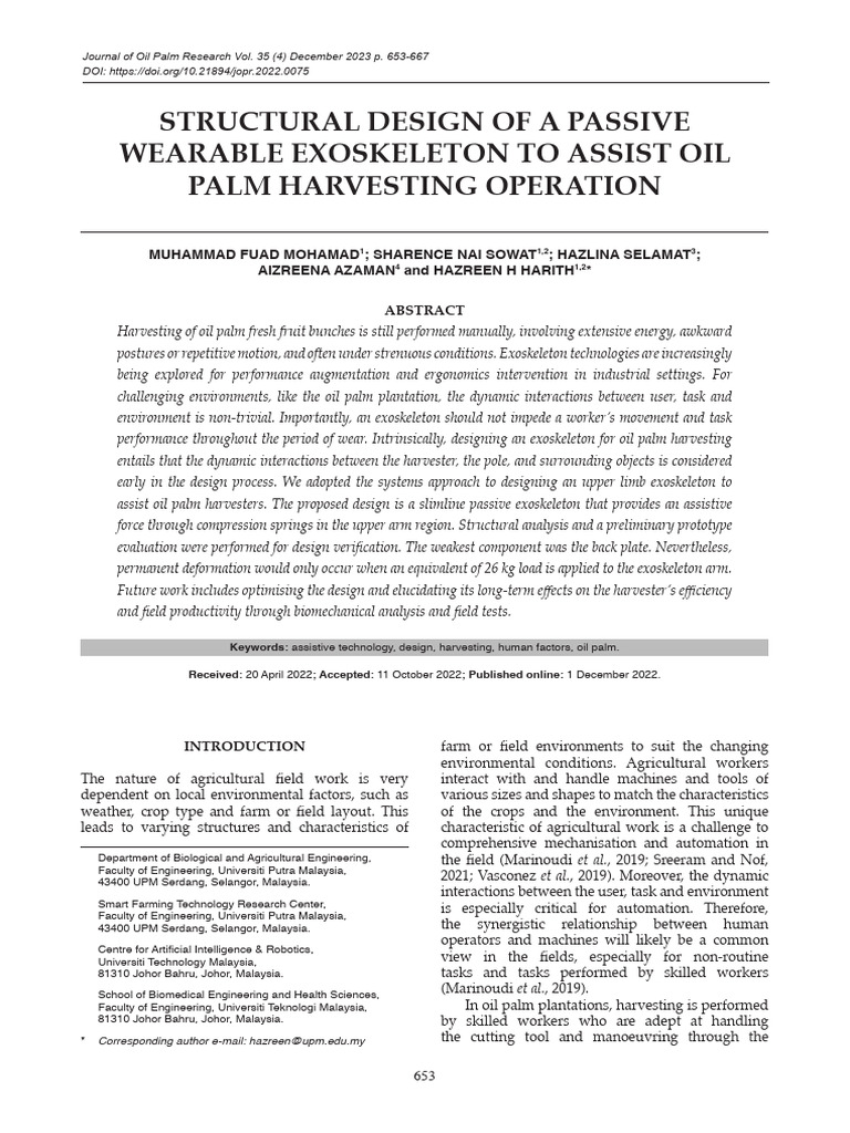 Structural Design of A Passive Wearable Exoskeleton To Assist Oil Palm Harvesting Operation ...
