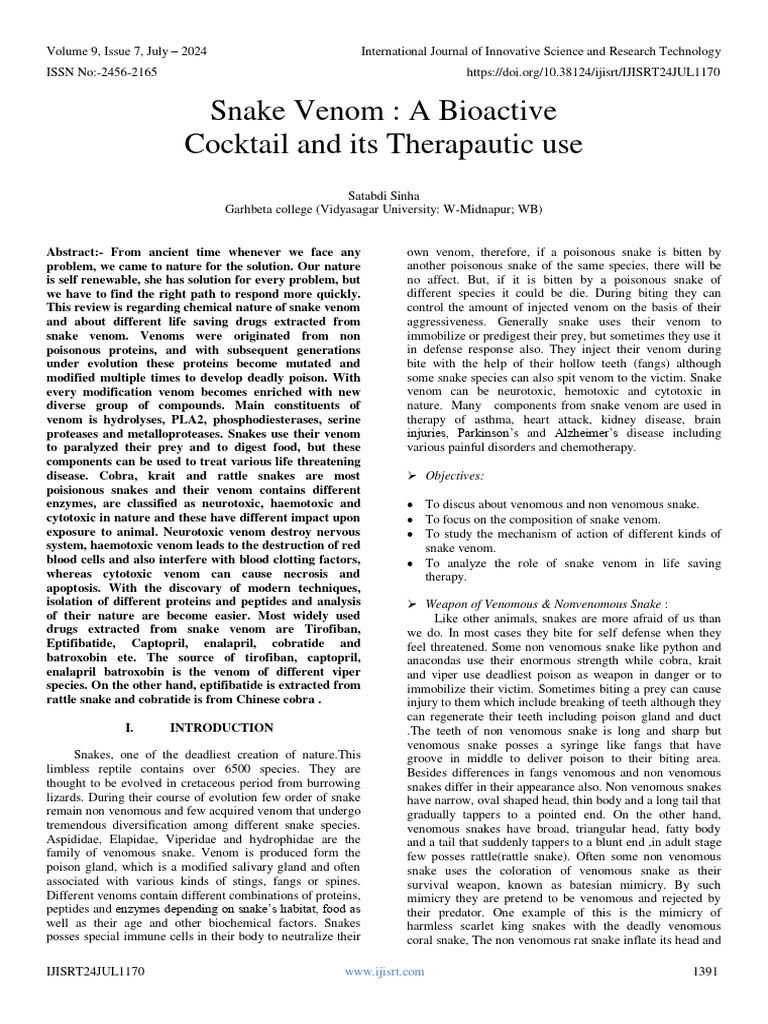 Snake Venom: A Bioactive Cocktail and Its Therapautic Use | PDF | Venom ...