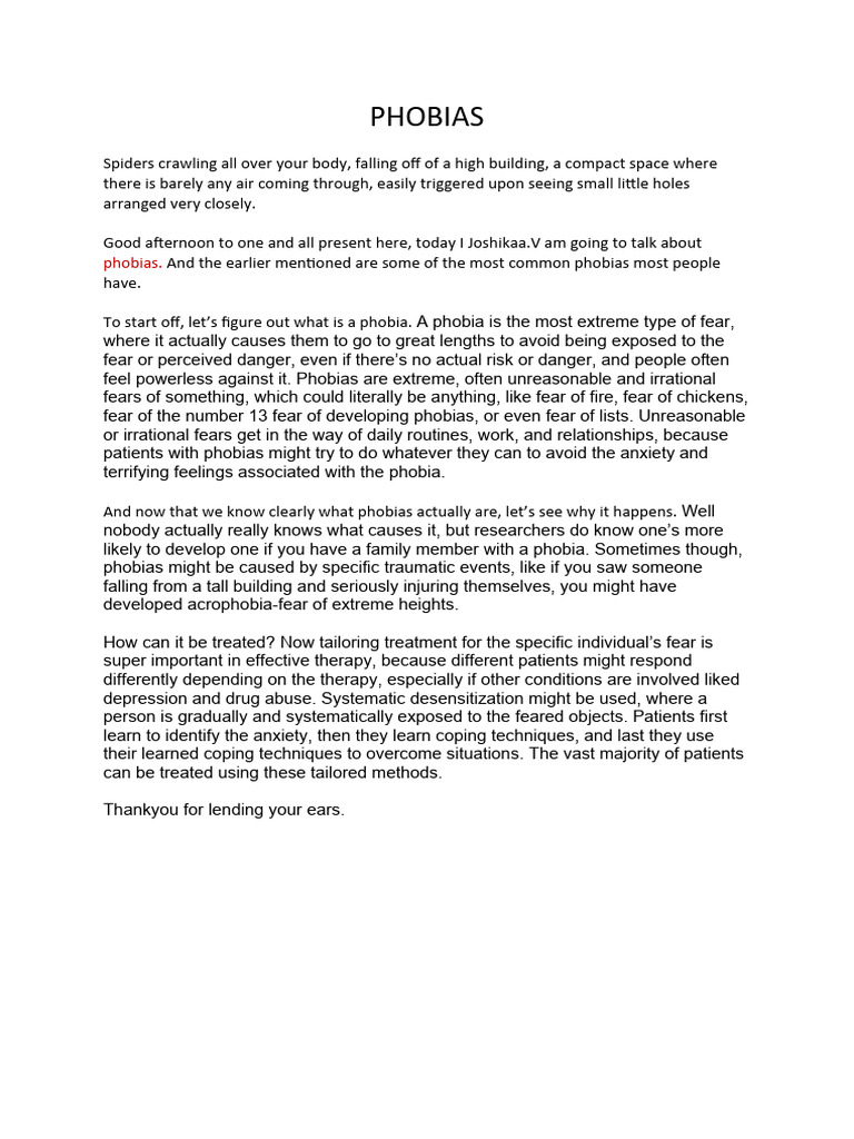 PHOBIAS - Class Ix Joshikaa.V | PDF | Self-Improvement