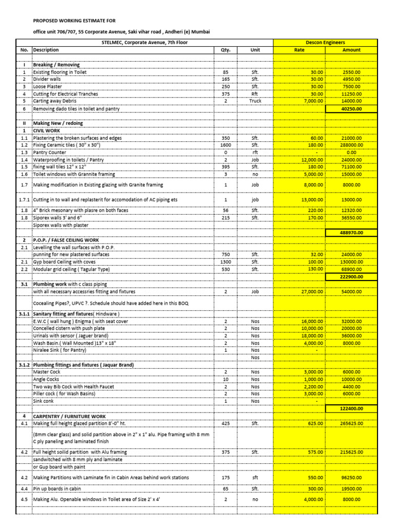 BOQ Inerior Work | PDF | Tile | Door
