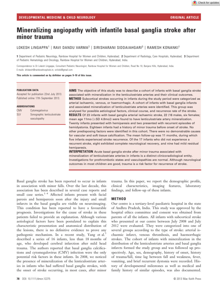 Develop Med Child Neuro - 2013 - Lingappa - Mineralizing Angiopathy With Infantile Basal Ganglia ...