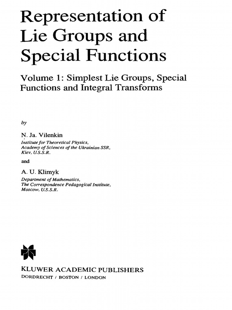 Representation of Lie Groups and Special FunctionsVOLUME1 | PDF