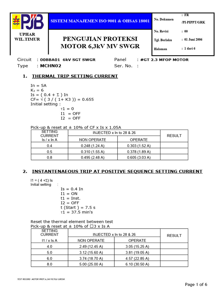Motor Protection Testing Report 6.3kV | PDF