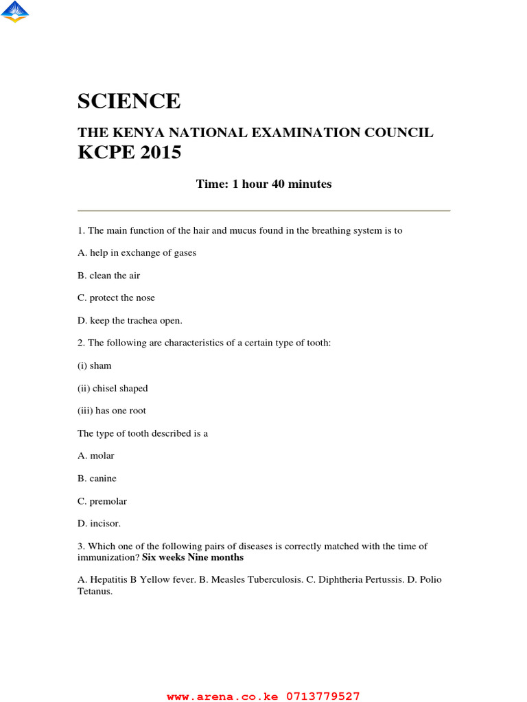 Science Kcpe Question Paper 2015 | PDF | Water | Foods