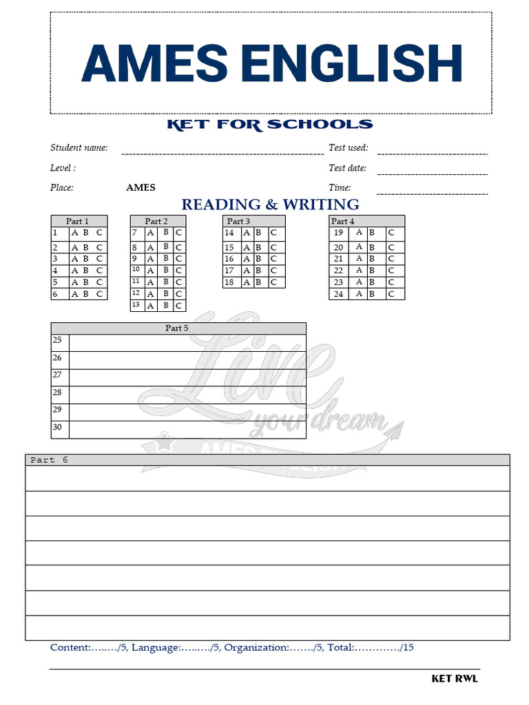 KET Answer Sheet RWL | PDF