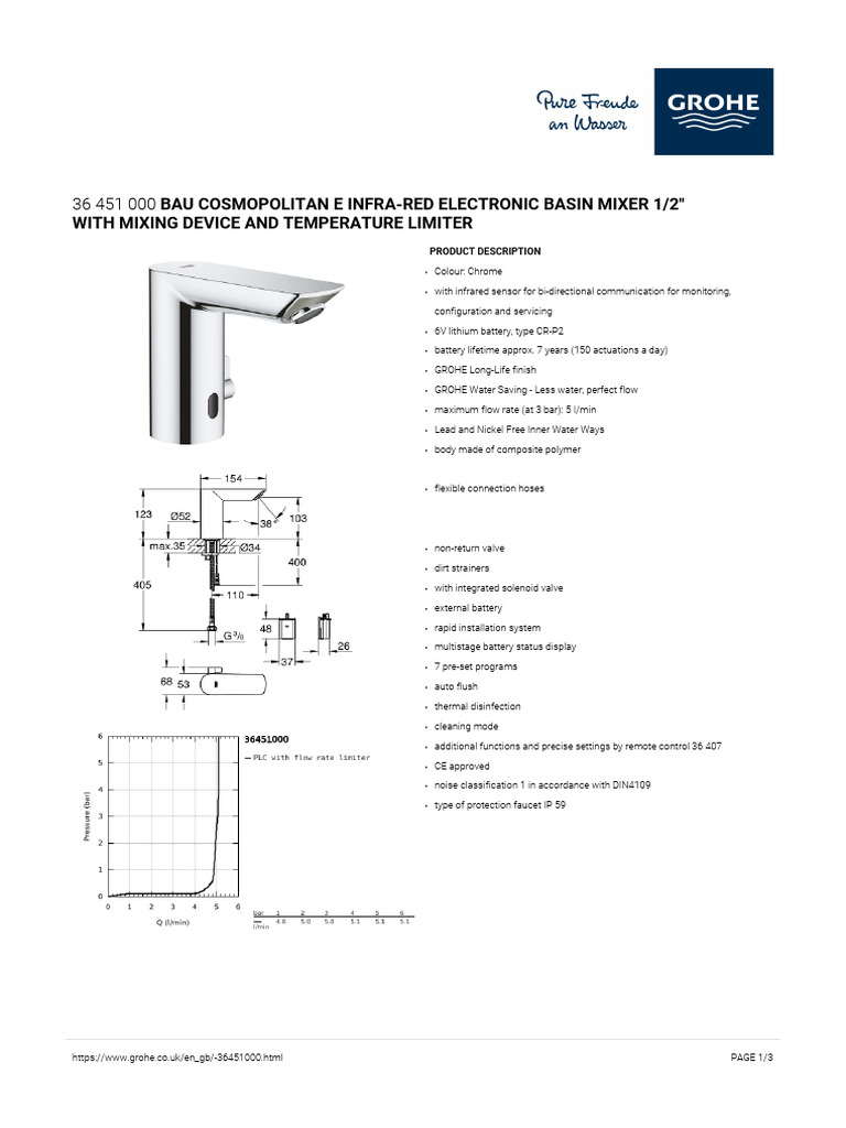 GROHE Specification Sheet 36451000 | PDF | Infrared | Valve
