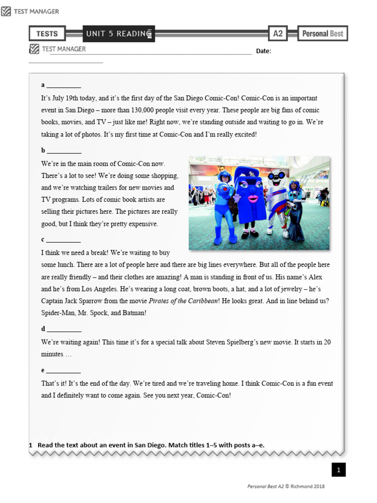 Personal Best A2 Unit 5 Reading Test | PDF