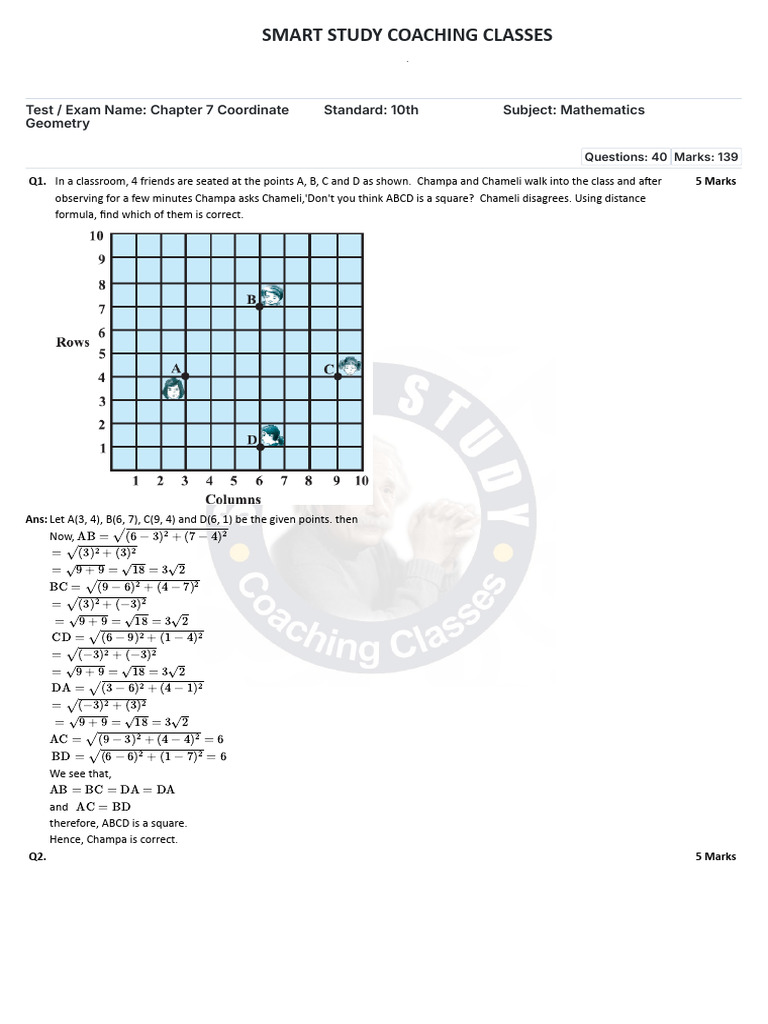 Solution Class10th Chapter 7 Coordinate Geometry | PDF | Classical Geometry | Euclidean Plane ...