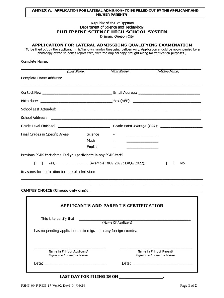 PSHS 00 F REG 17 Ver02 Rev1 Application For Lateral Admissions ...
