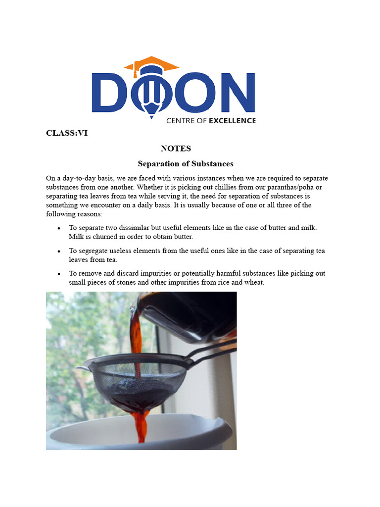 Class Vi Notes Separation of Substances | PDF | Filtration | Solubility