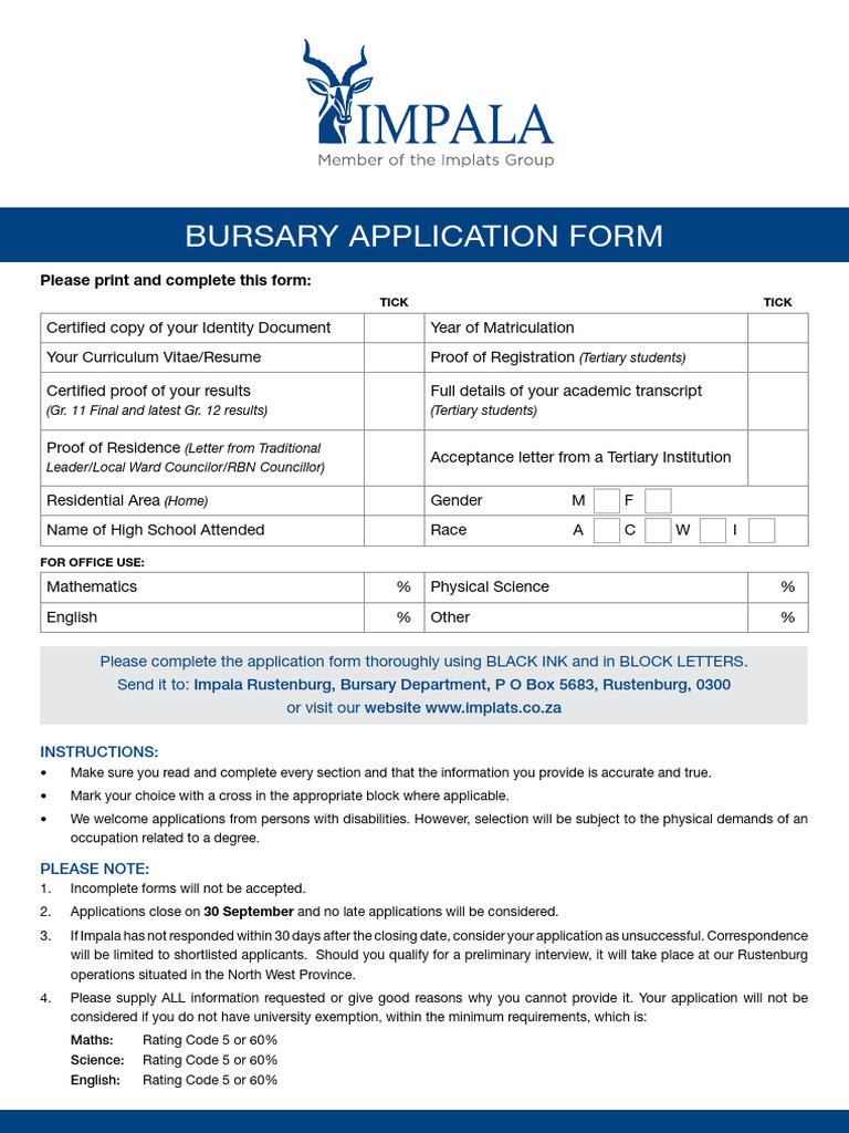 Impala Bursary Application Form 2025 | PDF | Engineering
