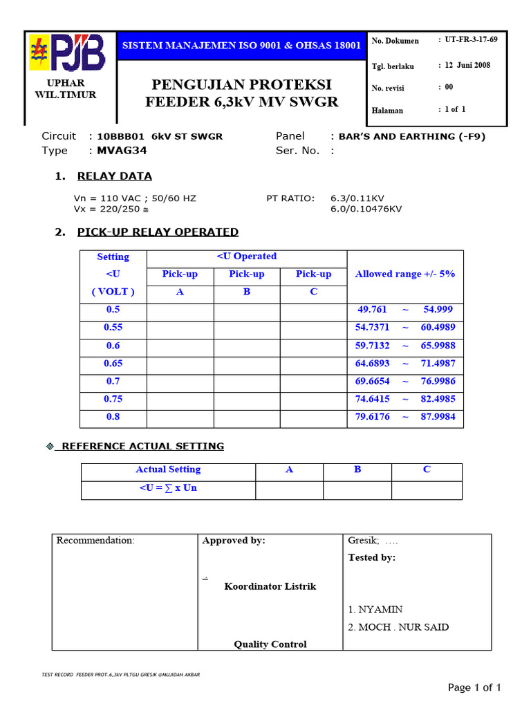 Mvag34 Bar's and Earthing (-F9) | PDF