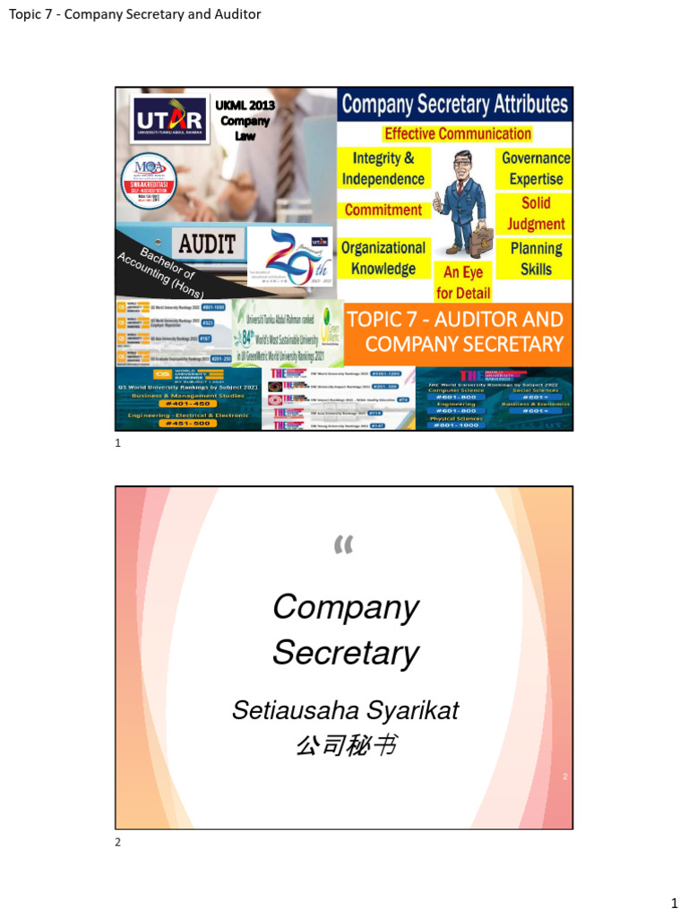 Topic 7 - Company Secretary and Auditor | PDF | Financial Audit | Indemnity