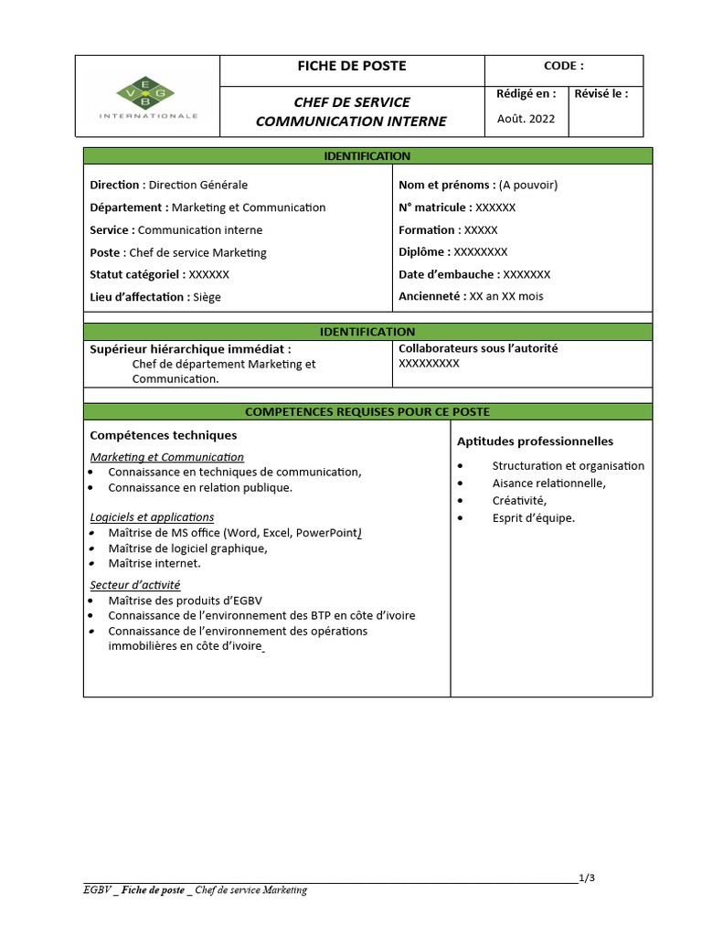 Fiche de Poste : Chef de Service Communication | PDF ...