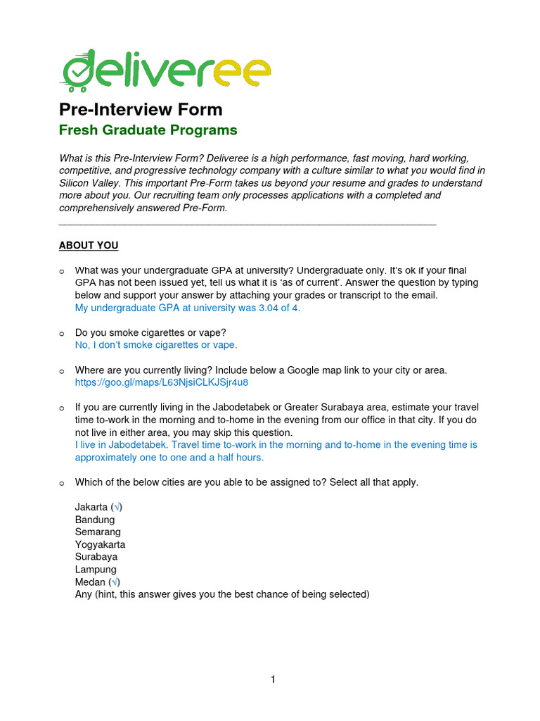 Pre-Interview Form for Fresh Graduates | PDF