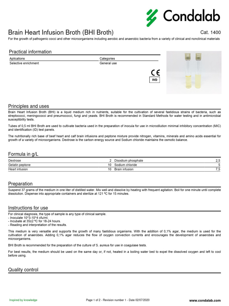 Condalab Caldo BHI 1400 - en - 1 | PDF | Growth Medium | Microbiology